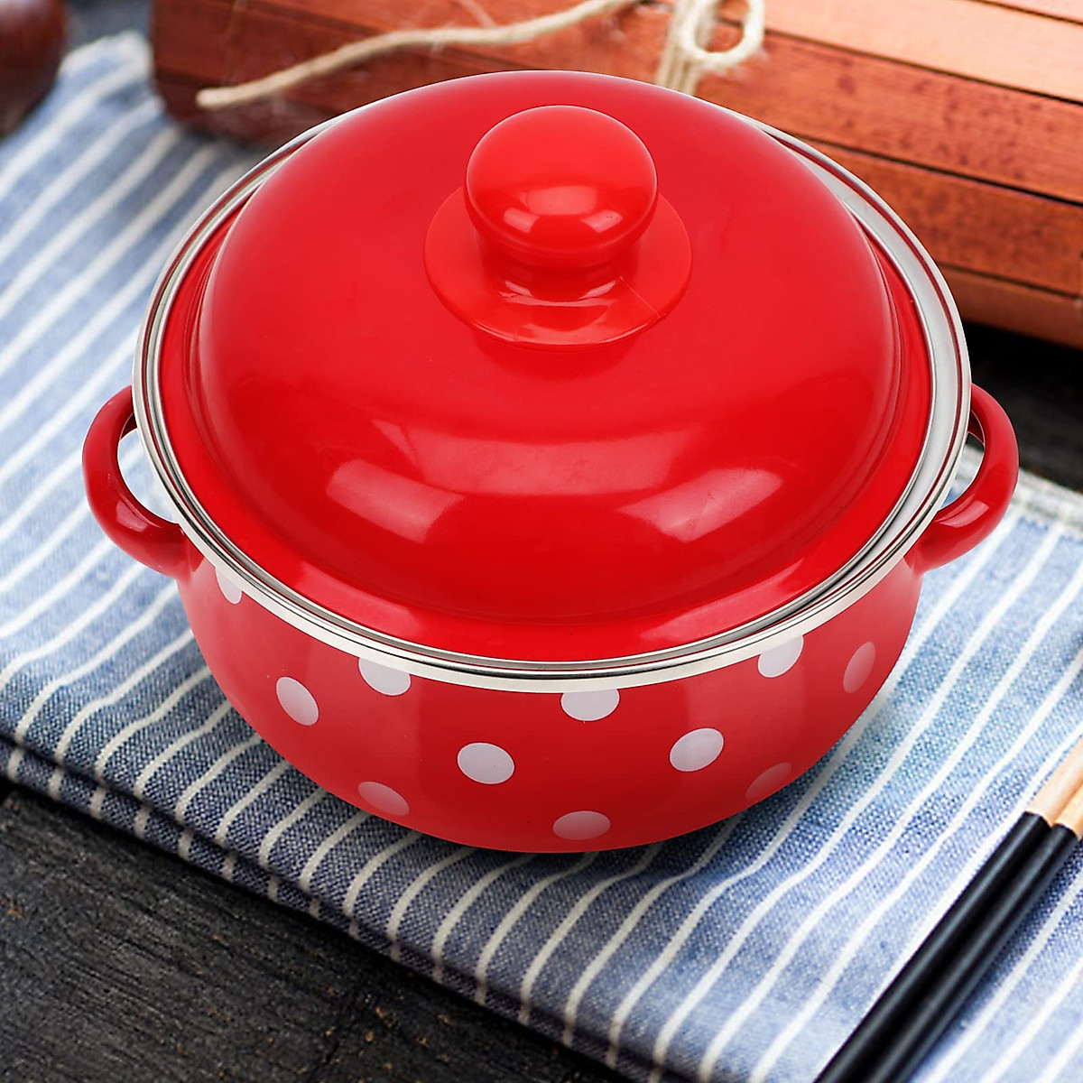 Hemoton Stew Pot Kitchen Stockpot Enamel Cooking Pot Thickened Stock Pot Vintage Style Enamel Stock Pot with Red Enamelware Large Serving Pot Soup Basins