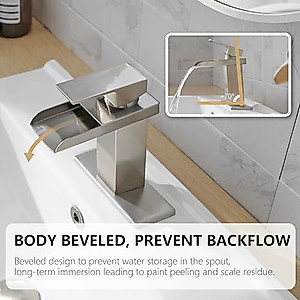 BATHLAVISH Waterfall Bathroom Sink Faucet Brushed Nickel Vanity Single Handle One Hole Basin Modern Lavatory Faucet Commercial Deck Mount