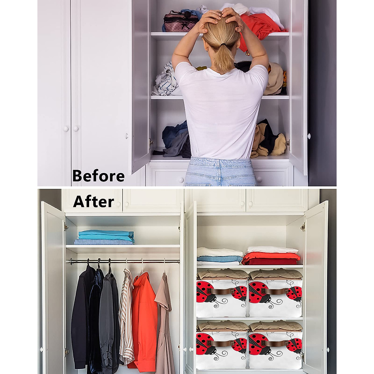 Lady-bugs Cube Storage Organizer Bins with Handles, 15x11x9.5 Inch Collapsible Canvas Cloth Fabric Storage Basket, Red Minimalistic Abstract White Books Bin Boxes for Shelves, Closet