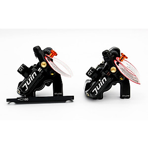 Juin Tech GT-F 4-Piston Cable Actuated Hydraulic Bicycle Bike Disc Brake Caliper Set Hybrid Brake Set for Flat-Mount Road/Cyclocross/Gravel/E-Bike/Folding Bike use (Black)