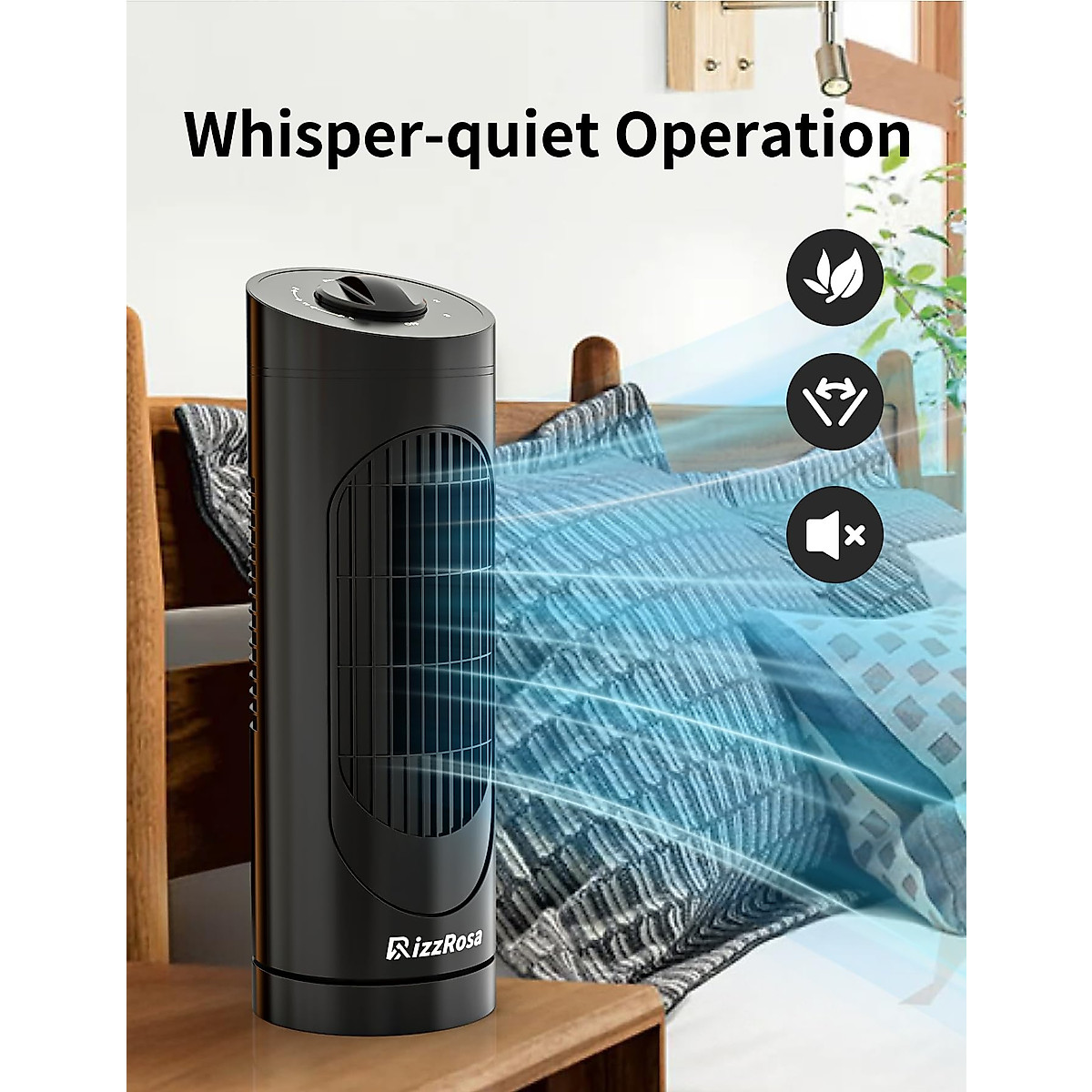 RizzRosa 14 Inch Tower Fan Oscillating Fan, Desk Fan with 3-Speed Options, 80° Oscillation,Quiet Cooling Bladeless Fan for Office Bedroom Home Desktop