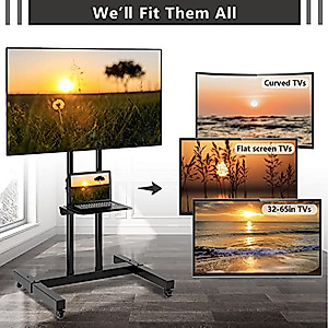 Mobile TV Stand on Wheels for 32-70 inch Flat Screen/Curved TVs, Television Stands with Wheels and Height Adjustable, Rolling TV Stand MAX VESA 600*400mm, TV Cart Rolling TV Stand with Shelf, Black