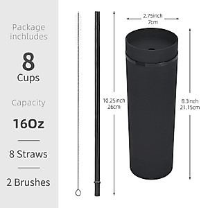 Modwnfy Black Skinny Tumbler with Lids & Straw(8 Pack), 16 Oz Black Tumblers in Bulk, Mate Black Tumblers, Acrylic Matte Tumbler, Reusable Cups with Lids & Straw, Plastic Tumbler Cups for DIY Gift