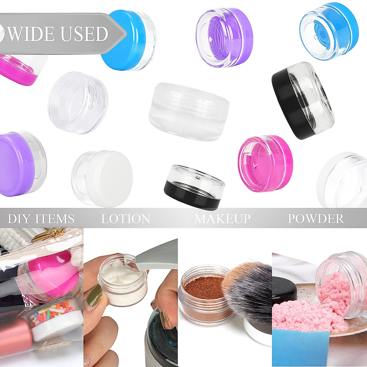 50PCS 3 Gram Sample Containers, 3ml Empty Jars with Lids, Small Cosmetic Containers, Mini Sample Jars with 4PCS Mini Spatulas for Make Up, Oils, Lotion, Powder, Paint, Jewelry, Lip Balms(Blue Lid)