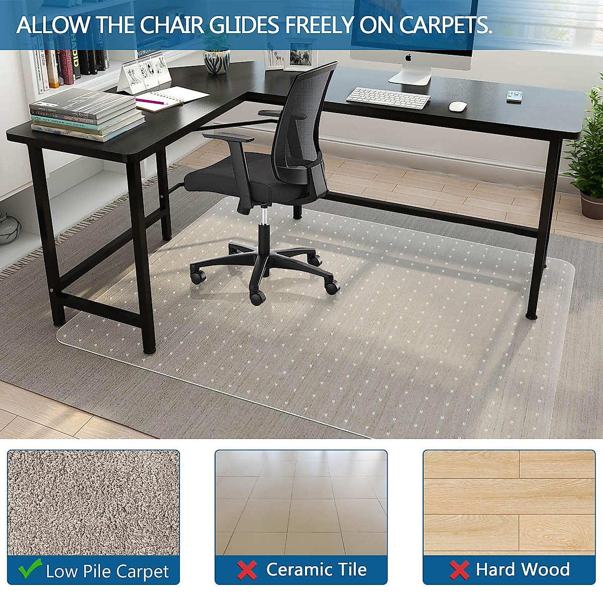 Large Office Carpet Chair Mat, 48” x 60” Desk Chair Mat for Low Pile Carpeted Floors, Easy Glide Floor Protector for Rolling Chair, Plastic Mat for Home, Office (Rectangle)