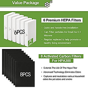 Smilyan 6 Pack Hpa300 HEPA Replacement Filter R for Honeywell HPA300 HPA200 HPA100 HPA090 Series Air Purifier, Compared to HRF-R3 HRF-R2 HRF-R1 (6 Hepa + 8 Carbon)