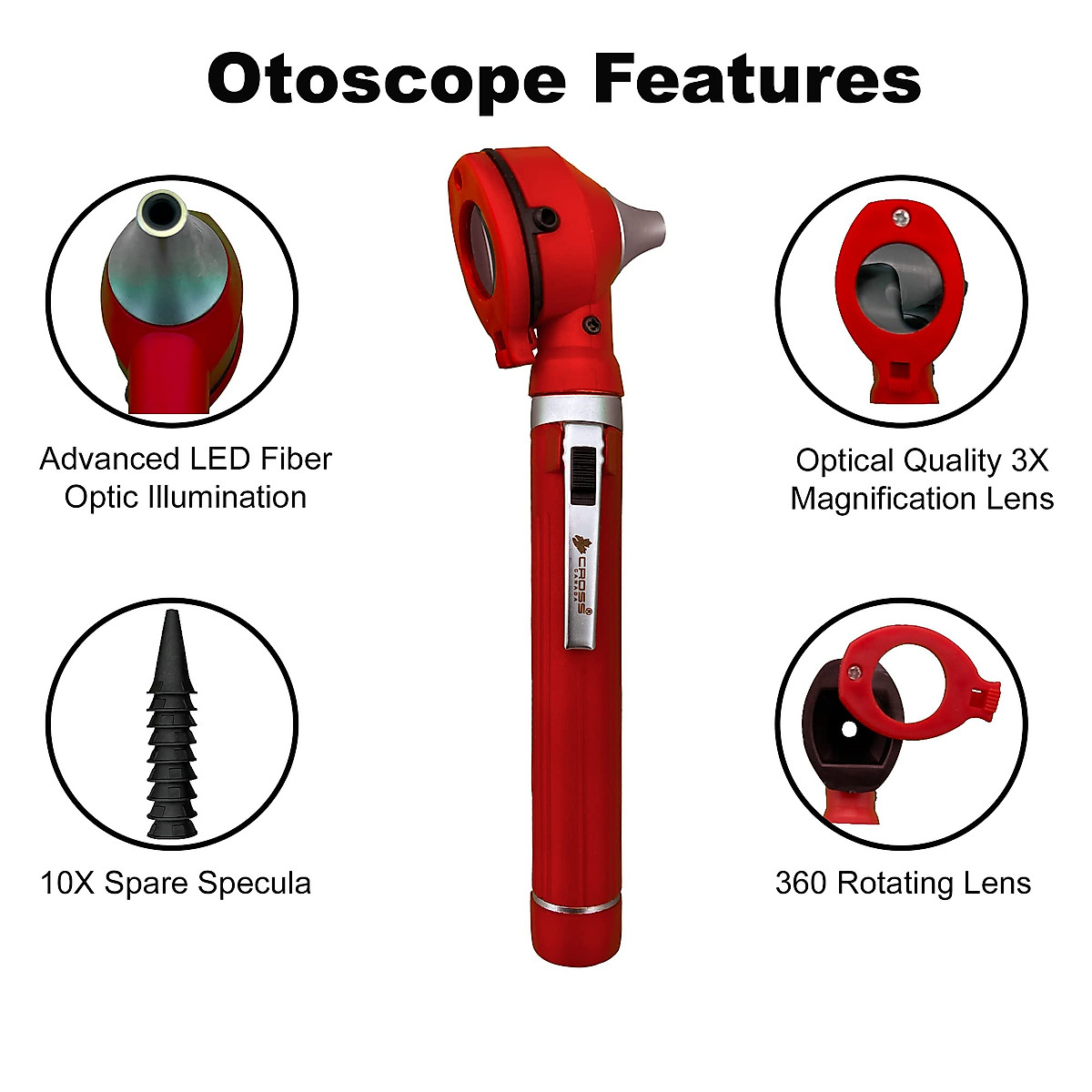 Cross Canada 11-082 Physician Fiber Optic LED Pocket Otoscope Diagnostic Set - Red