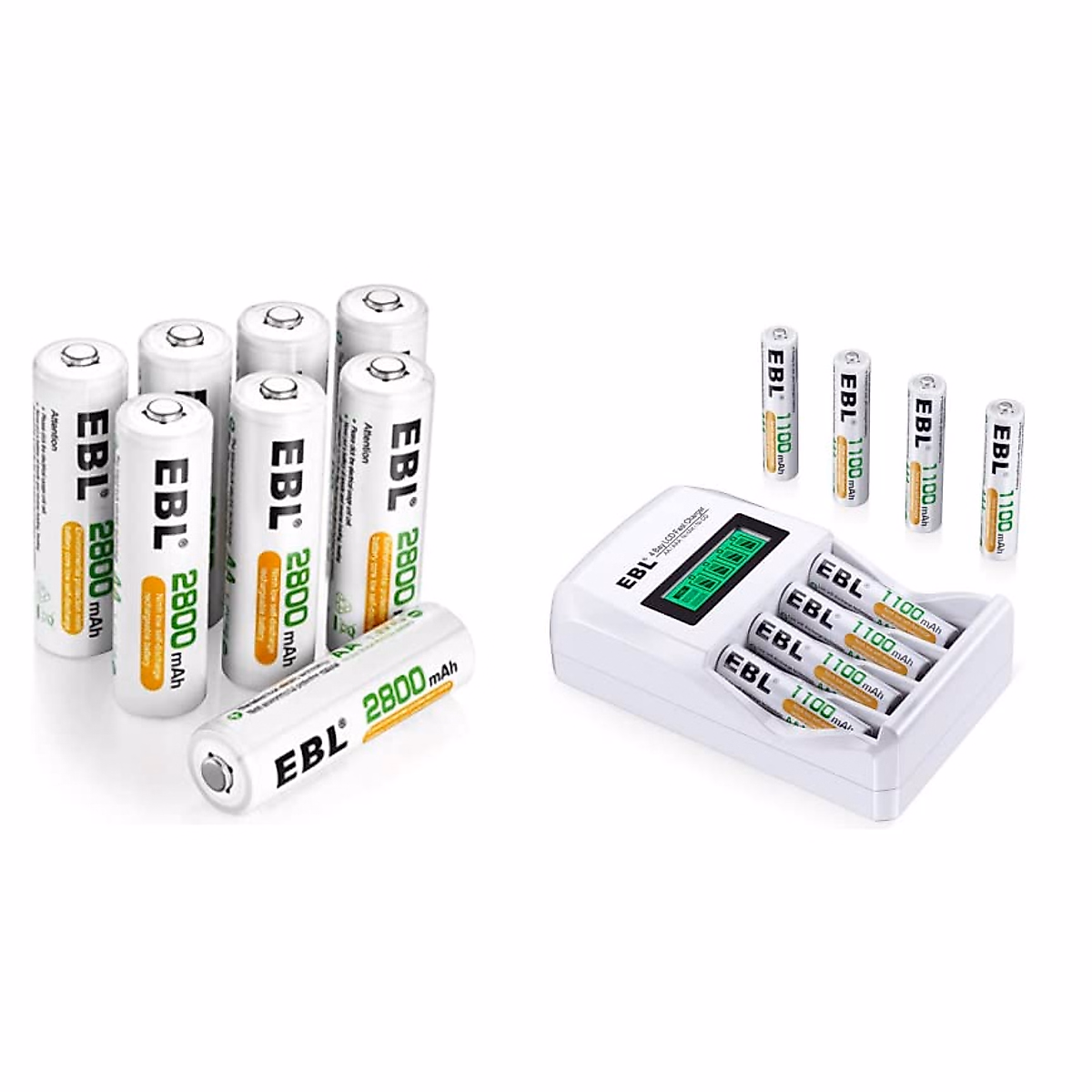 EBL Pack of 8 AA Batteries 2800mAh and Rechargeable AAA Batteries 1100mAh (8 Counts) with 907 LCD Individual Charger