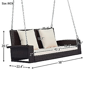 FANYE Outdoor PE Wicker Swing Chains, Pillows for Garden, Backyard, Pond Porch Furniture Set, 2 Seaters Double Rattan Cushioned Conversation Hanging Sofa & Couch, Brown+Beige