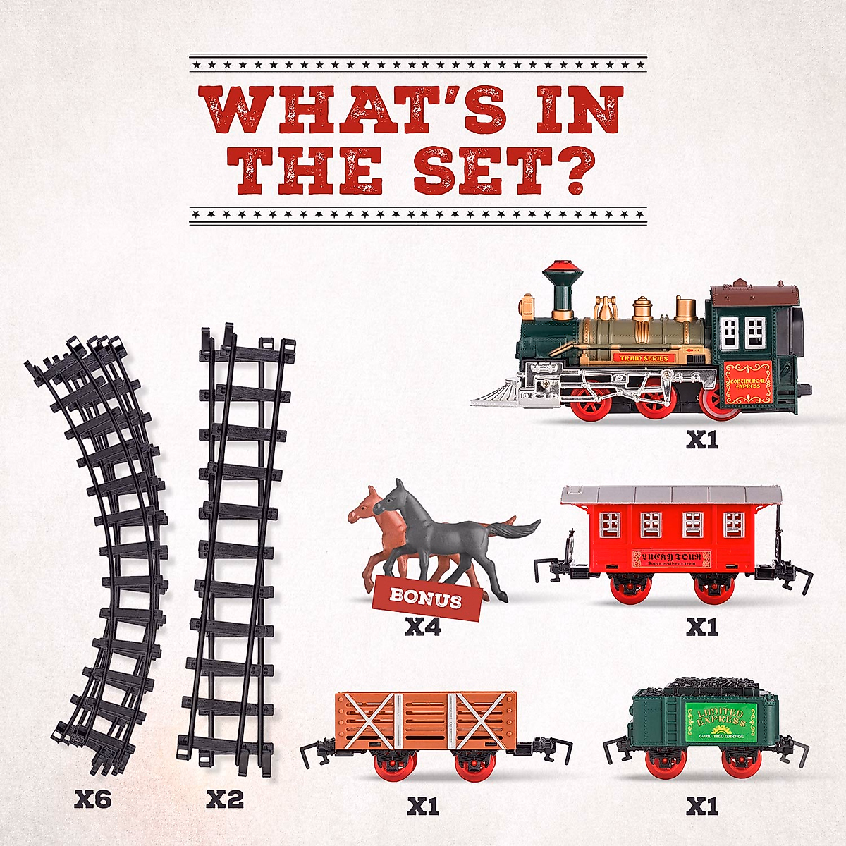 Kids Train Set - Electric Train Set for Boys 3-5 w/Lights & Sound, Train Toy Railway Kits Gift Toy w/Steam Locomotive Engine, 4 Horses & Tracks, for 4-7