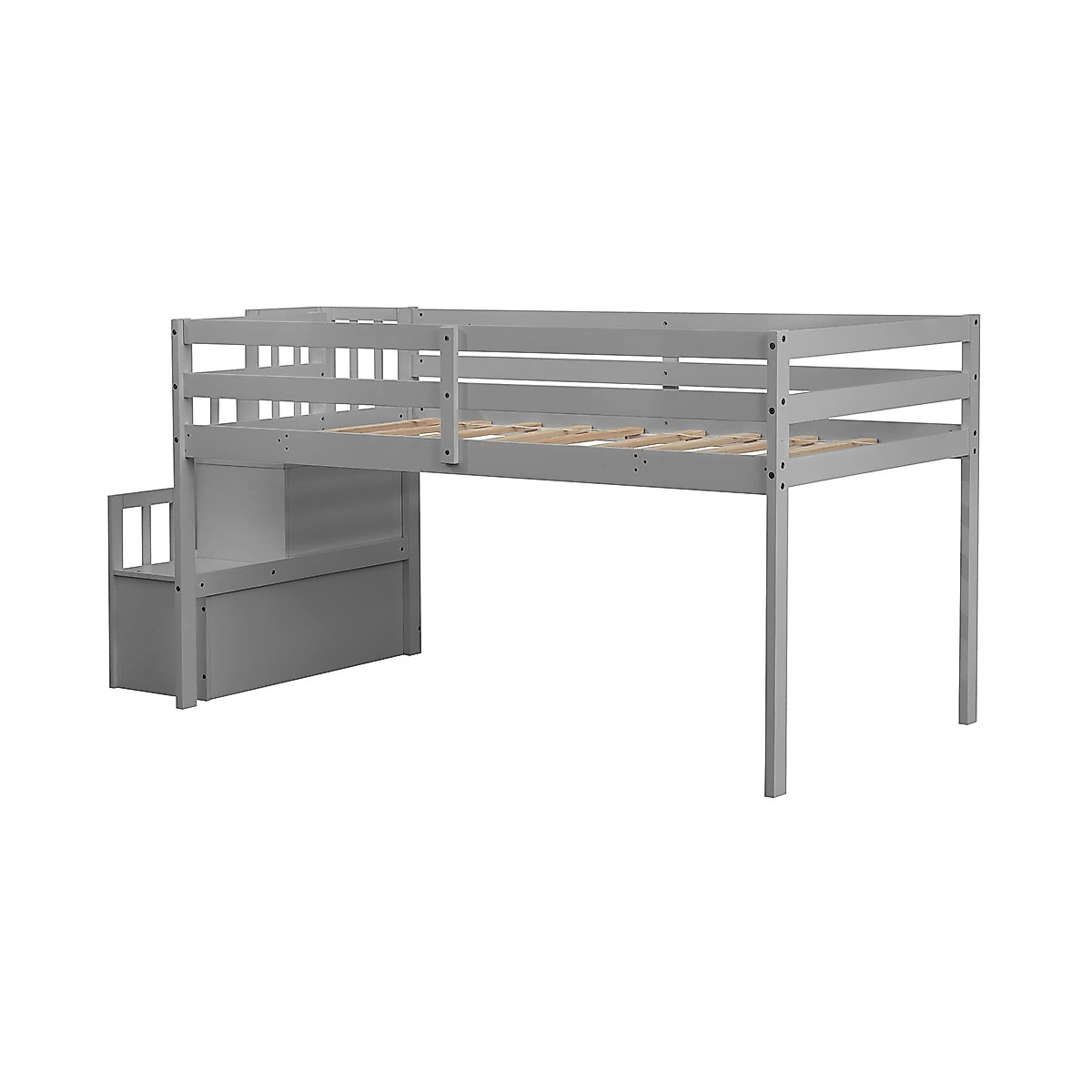 Bellemave Low Loft Bed with Stairs Twin Loft Bed with Storage Wood Bed Frame for Kids Teens Girls Boys, Gray