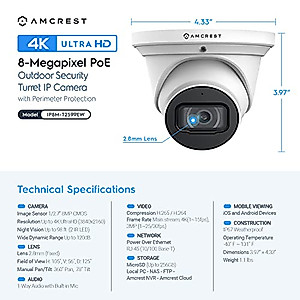 Amcrest 2-Pack UltraHD 4K (8MP) Outdoor Security IP Turret PoE Camera, 3840x2160, 98ft NightVision, 2.8mm Lens, IP67 Weatherproof, MicroSD Recording (256GB), White (2PACK-IP8M-T2599EW)