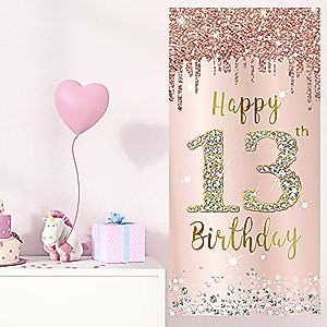 Happy 13th Birthday Door Banner Backdrop Decorations for Girls, Pink Rose Gold 13 Birthday Party Door Cover Sign Supplies, Thirteenth Year Old Birthday Poster Background Photo Booth Props Decor