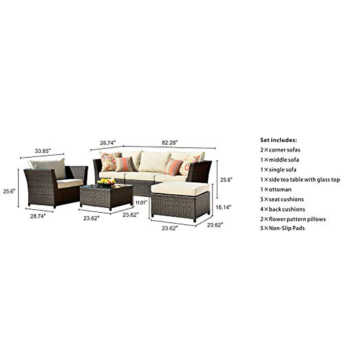 Allwex Patio Furniture Set,Outdoor Furniture 6 Pcs Sets,PE Rattan Wicker sectional with 2 Pillows and 1 Patio Furniture Covers, No Assembly Required,Brown (6 Piece, Beige) (6 pcs, Begie)