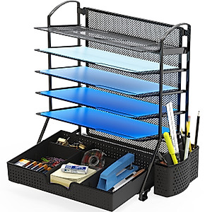 SimpleHouseware 6 Trays Desk Document File Tray Organizer with Supplies Sliding Drawer, Black