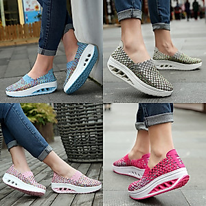 KCTRFSJ Women's Woven Air Cushion Orthopedic Sneakers,Fashion Wedge Platform Slip on Loafer Walking Shoes with Arch Support,Comfortable Casual Stretch Toning Rocker Shoes (Pink,8.5)