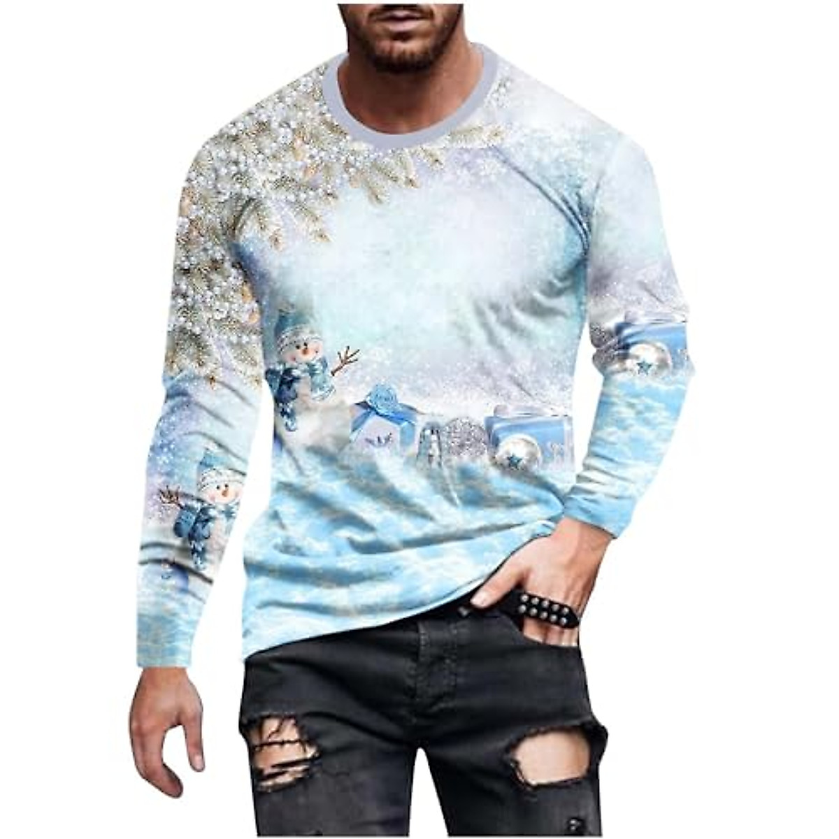 Lcxifdre Christmas Sweatshirt for Men Graphic Xmas Printing Long Sleeve Tee Shirt Crewneck Comfort Pullovers Vacation Clothes Light Blue