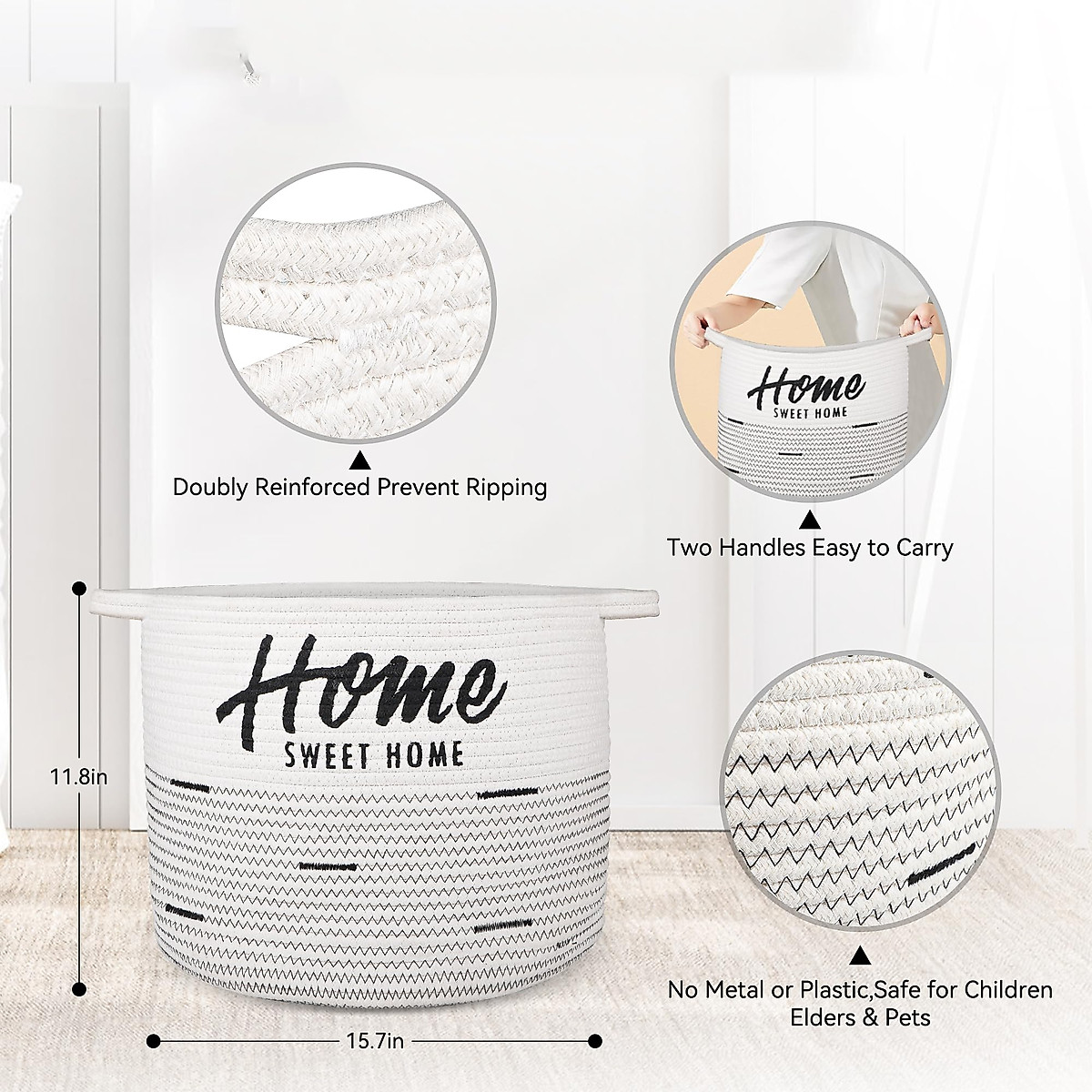 Rope Basket Woven Storage Basket, White Basket Storage Laundry Clothes Hamper, Woven Storage Basket for Plant, Blankets,Toys, Baby Nursery Containers White Home Decor Gift - 15.7" L×11.8" H