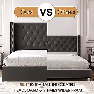 VanAcc Queen Bed Frame Lift Up Storage Bed with Headboard 50" Button Tufted Wingback/Hydraulic Lifting Storage Underneath/Wood Slats/Easy Assembly/Dark Grey