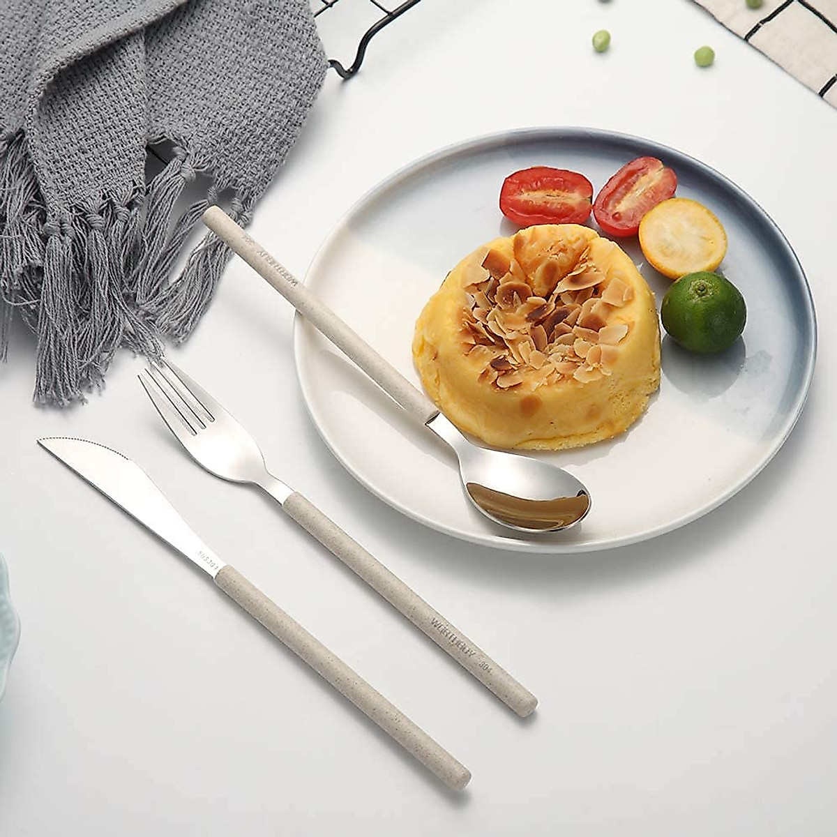 ArderLive 3 PCS Outdoor Flatware Set with Case, Fork Spoon Knife/Travel Set for Travel, Lunch Box and Camping, Christmas gifts Beige