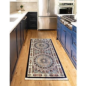 Rugs.com Rabia Collection Rug – 2' 7 x 12' Runner Navy Blue Low Rug Perfect for Hallways, Entryways
