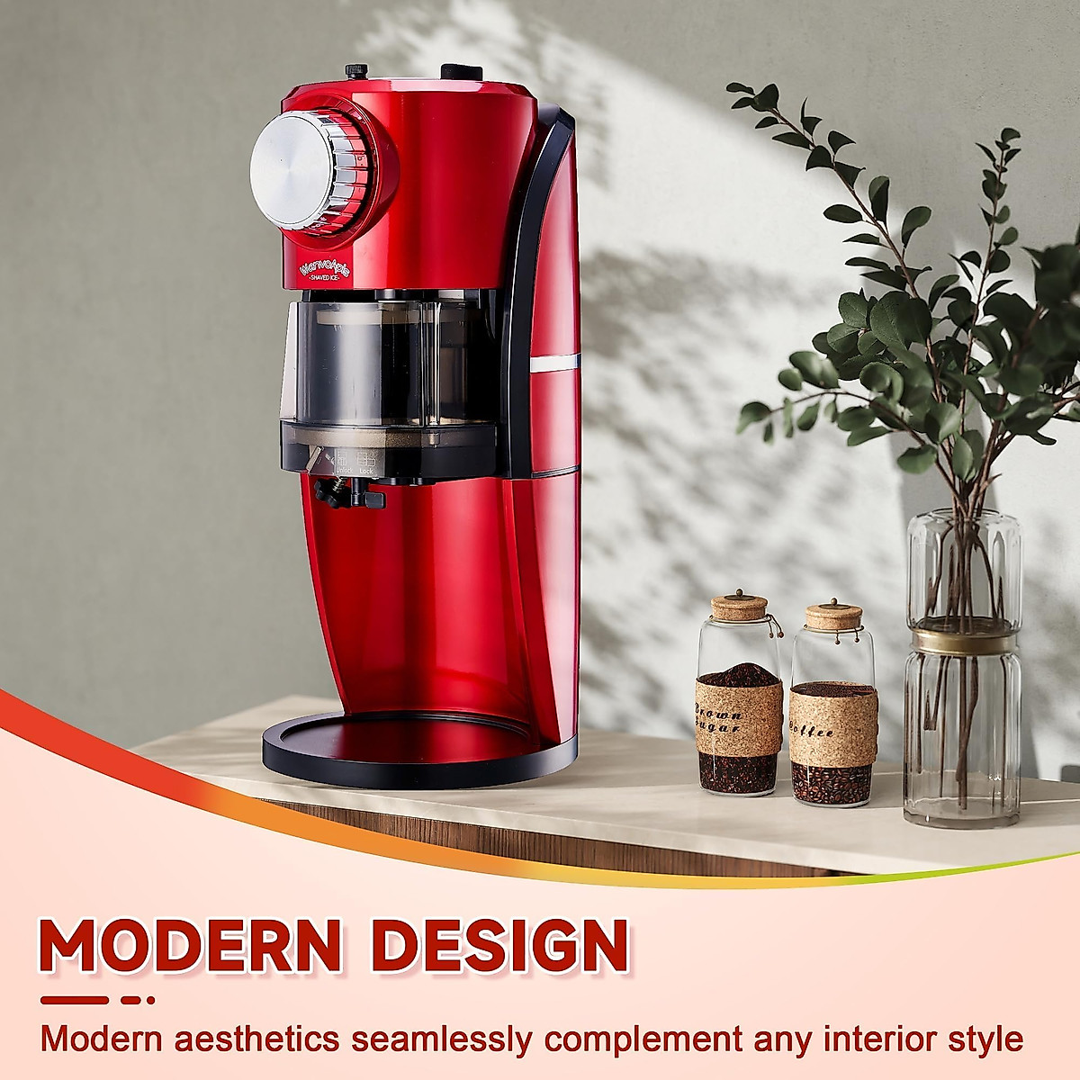 Wanvoapls Shaved Ice Machine - Snow Cone Machine for Homemade Shaved Ice, Snow Cones, Slushie Ice Shaver With Stainless Steel Blade Adjustment Knob, 2 Reusable Ice Mold Cup for snowflakes - Retro Red