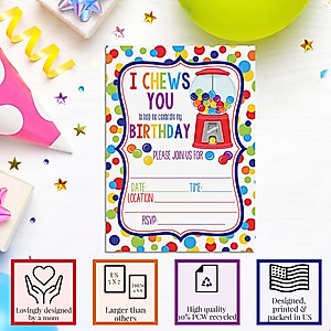 Cute Rainbow Colored Bubble Gum Themed Birthday Party Invitations for Kids, 20 5x7 Fill In Cards with Twenty White Envelopes by AmandaCreation…