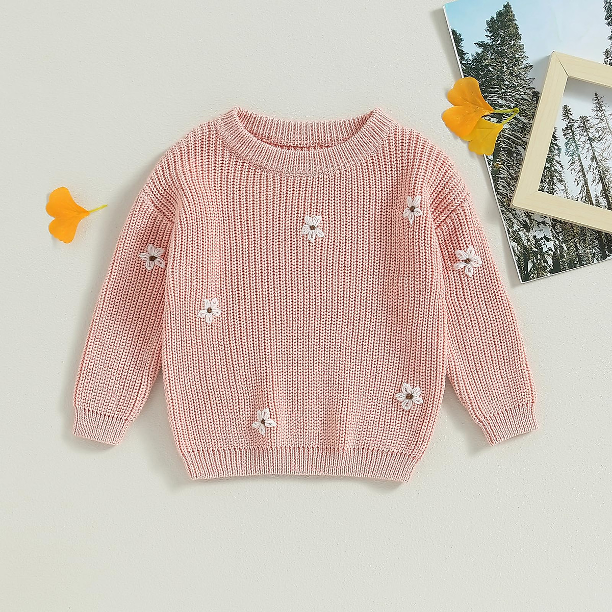 YOKJZJD Newborn Toddler Baby Girl Chunky Knit Sweater Flower Warm Sweatshirt Long Sleeve T-Shirt Knitted Fall Winter Clothes (Pink, 3-4 Years)
