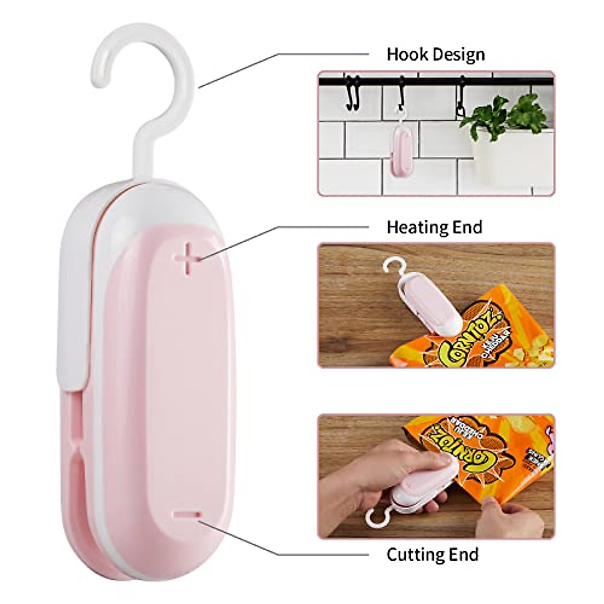MVNIHEK 2 In 1 Mini Bag Sealer, Portable Heat Sealer and Cutter with Hook,Bag Sealer Mini Sealing Machine Kitchen Gadget for Plastic Bags Food Chip Storage (Pink)
