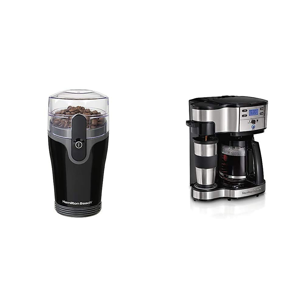 Hamilton Beach Fresh Grind 4.5oz Electric Coffee Grinder for Beans, Spices and More, Stainless Steel & 2-Way Brewer Coffee Maker, Single-Serve and 12-Cup Pot, Stainless Steel