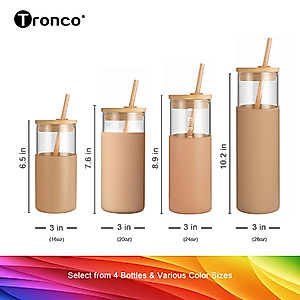Tronco 16 oz Glass Tumbler with Straw and Bamboo Lid, Iced Coffee Cup Reusable, Smoothie Cups, Tumbler with Silicone Protective Sleeve - BPA Free