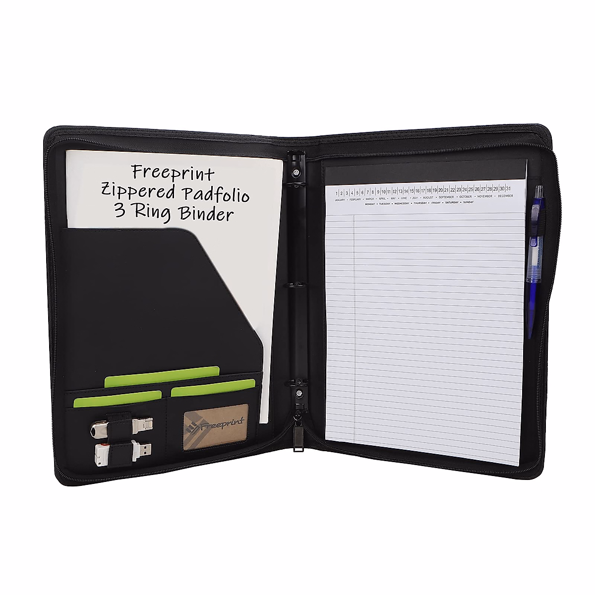 Freeprint Zippered Portfolio Binder 3 Ring with Writing Pad Legal Size Letter - PU Leather Professional Padfolio Folder for Interview Business, Black