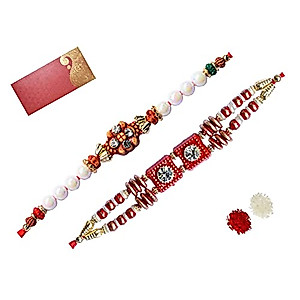 Purpledip Rakhi Set in Designer Shagun Envelope for Brother: Roli Chawal Tika & 2 Rakshabandhan Bracelets (rakhi39r)