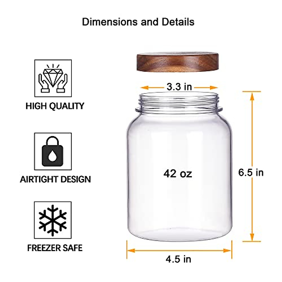 YUEJUM 42oz Unbreakable & Dishwasher Safe Plastic Apothecary Jar with Wooden Airtight Screw Top Lid, Food Storage Canister for Sugar, Tea, Spices, Coffee, Cookie, Candy Containers