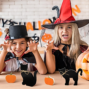 JAPBOR 4PCS Halloween Wooden Centerpieces Table Decorations, Black Cat Pumpkin Tiered Tray Set Decor, Reversible Happy Fall Halloween Party Themed Sign Wood Block Table Topper Décor for Home Kitchen