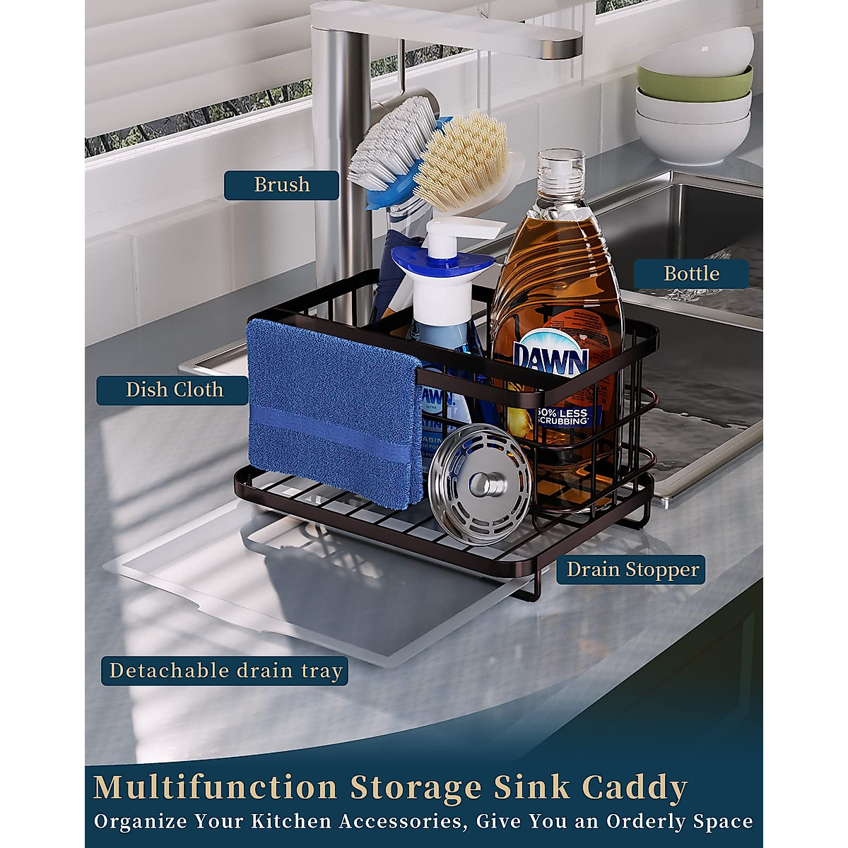 Consumest Sink Caddy, Sponge Holder for Kitchen Sink with Drip Tray, Non-Slip Kitchen Sink Organizer for Countertop, SUS304 Stainless Steel Rustproof Sink Rack - Bronze