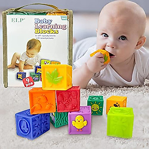 Building Blocks Baby Toys for 3 Months and up, Soft Squeeze Sensory Colorful Teething Chewing Educational Stacking Blocks with 3D Embossed Patterns