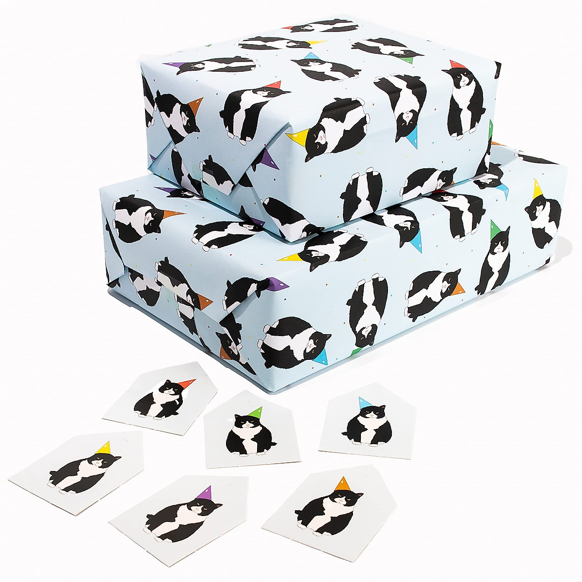 CENTRAL 23 - Blue Wrapping Paper - Cats in Hats - 6 Sheets of Birthday Gift Wrap - For Men Boys Kids - Valentines Day Gift Wrap for Women Her Girls - Recyclable - Comes with Stickers