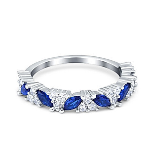 Simulated Blue Sapphire CZ Size-5 Art Deco Eternity Band Marquise Wedding Band Engagement Ring Simulated Cubic Zirconia 925 Sterling Silver