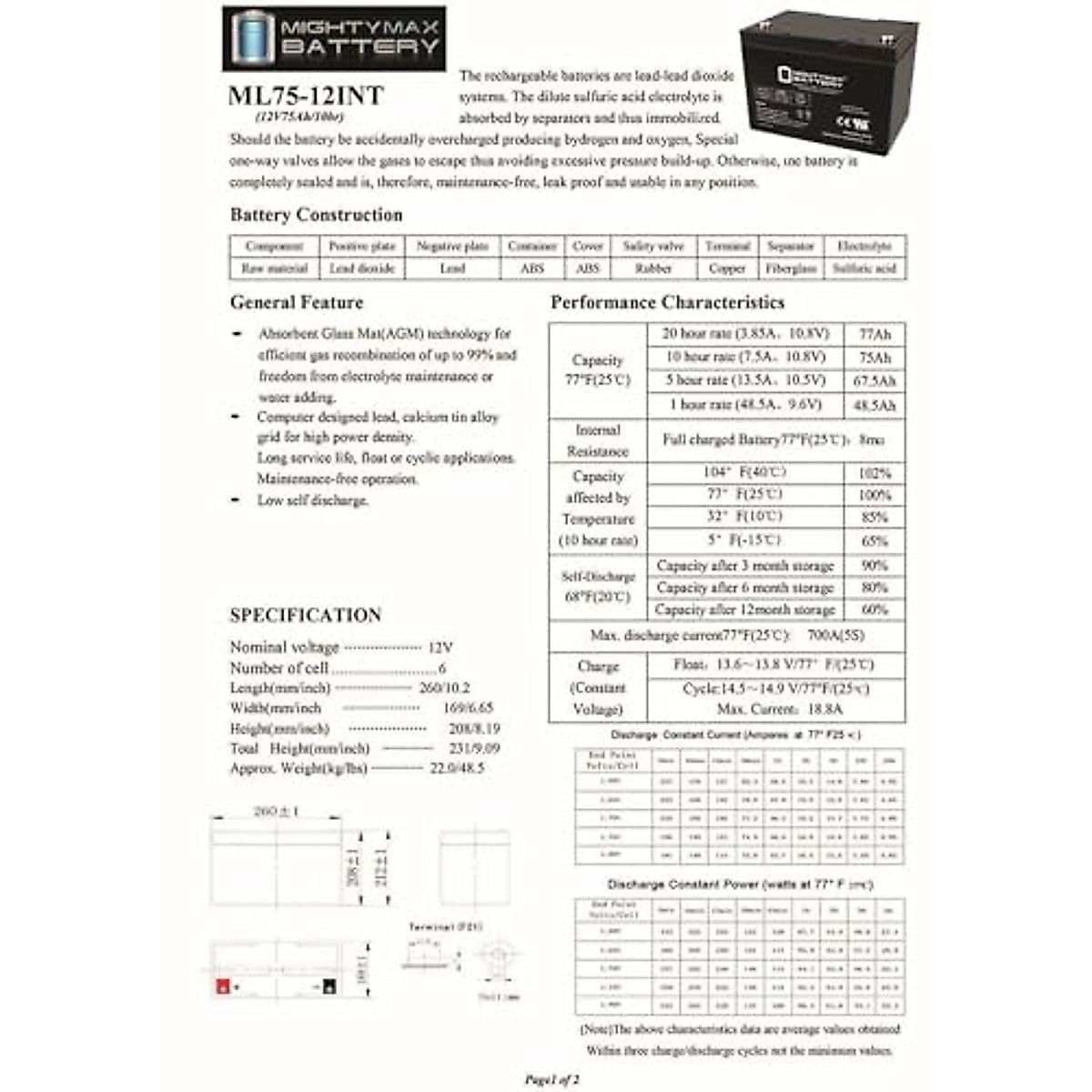 Mighty Max Battery 12V 75Ah Internal Thread Battery Replacement for Leoch LPC12-75