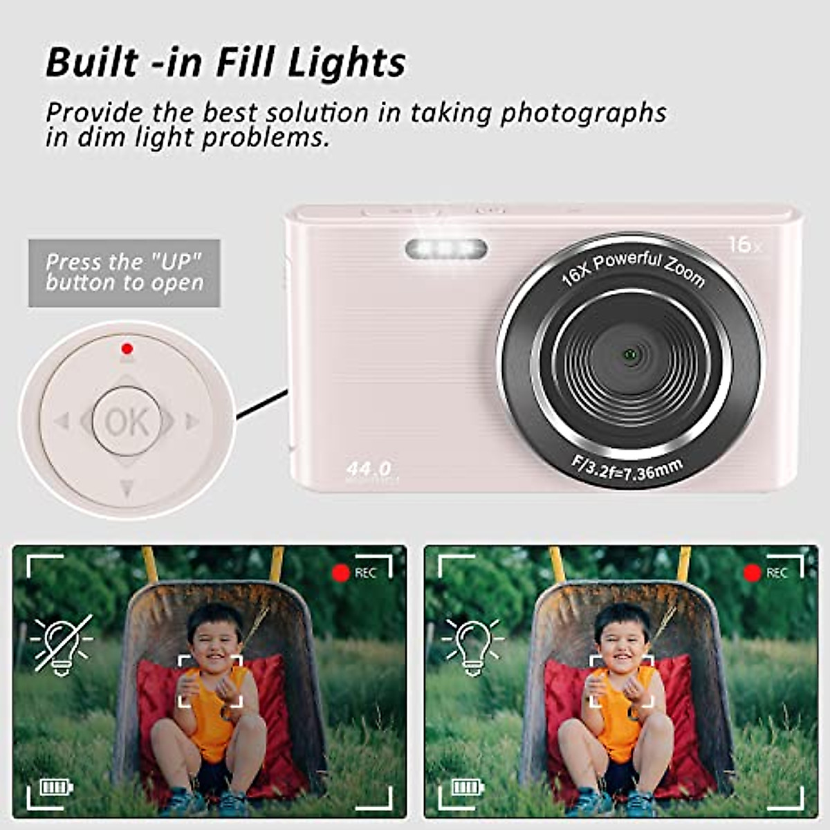Digital Camera 4K 44MP Compact Point and Shoot Camera with 16X Digital Zoom 32GB SD Card,Kids Camera 2.4 Inch, Vlogging Camera for Teens Students Boys Girls Seniors(Pink2)