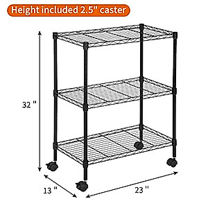YRLLENSDAN 3 Tier Shelf, Small Closet Shelving Adjustable Shelving Unit Kitchen Storage Shelves with Wheels, Heavy Duty Steel Organizer Wire Rack, Black (32" H x 23" W x 13" D)