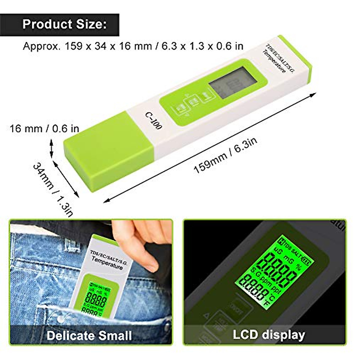 Watris Veiyi Pool Salt Tester, 5 in 1 Salinity/Temp/EC/S.G/TDS Meter, Digital Pool Water Tester, High Accuracy Salinity Meter for Swimming Pool, Aquarium, Saltwater