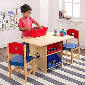 KidKraft Wooden Star Table & Chair Set with 4 Storage Bins, Children's Furniture – Red, Blue & Natural