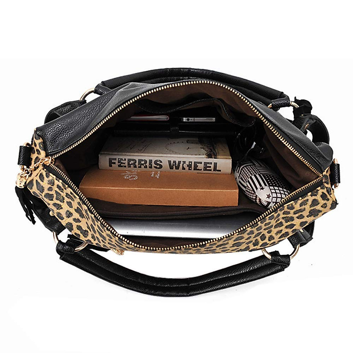 Cayla Women Leopard Print Shoulder Bag Totobag Large Hobo Purse with Tassel (Black)