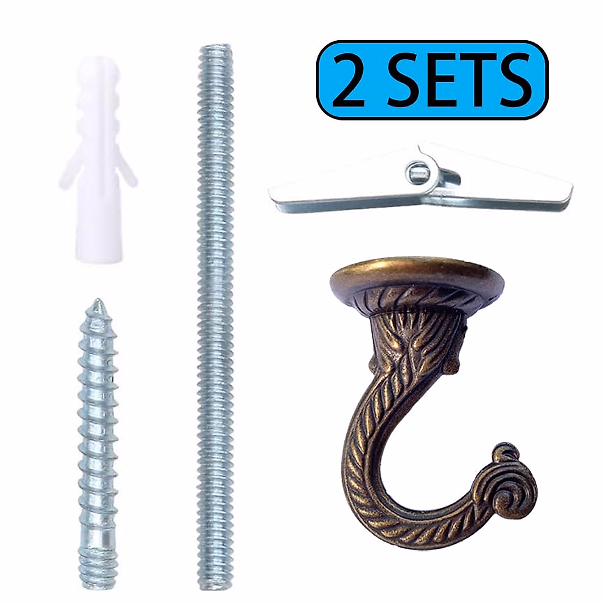 OBSTKUCHEN 2 Sets Large Swag Ceiling Hooks Heavy Duty Swag Hook with Hardware for Hanging Plants Ceiling Installation Cavity Wall Fixing (2 Sets Antique Brass)