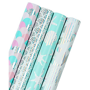 WRAPAHOLIC Wrapping Paper Roll - Mermaid Scale and Jellyfish Design with Colorful Foil for Birthday, Holiday, Baby Shower - 4 Rolls - 30 inch X 120 inch Per Roll