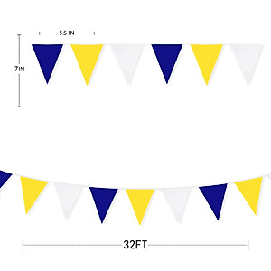 32Ft Blue Yellow White Triangle Flag Pennant Banner Bunting Fabric Garland for Wedding Birthday Ahoy Achor Nautical Pirate Bridal Baby Shower Under The Sea Party Festivals Decoration