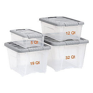 Amazon Basics 5 Quart Stackable Plastic Storage Bins with Latching Lids- Clear/ Grey- Pack of 10