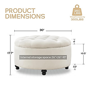 HUIMO 30-Inch Round Storage Ottoman, Modern Button Tufted Coffee Table with Removable Top, Upholstered Ottoman with Storage Footrest Stool for Living Room, Bedroom and Office(Ivory)